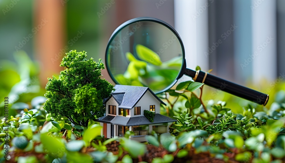 Miniature house under a magnifying glass amidst lush greenery ...