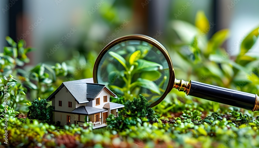 Miniature house under a magnifying glass amidst lush greenery ...