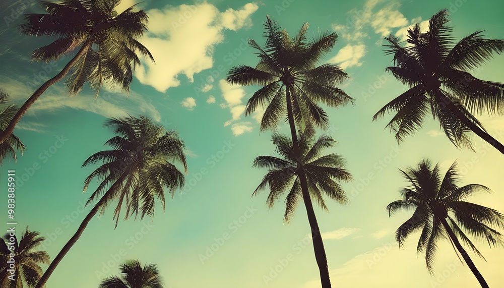 Vintage summer getaway with palm trees under a retro sky, perfect for ...