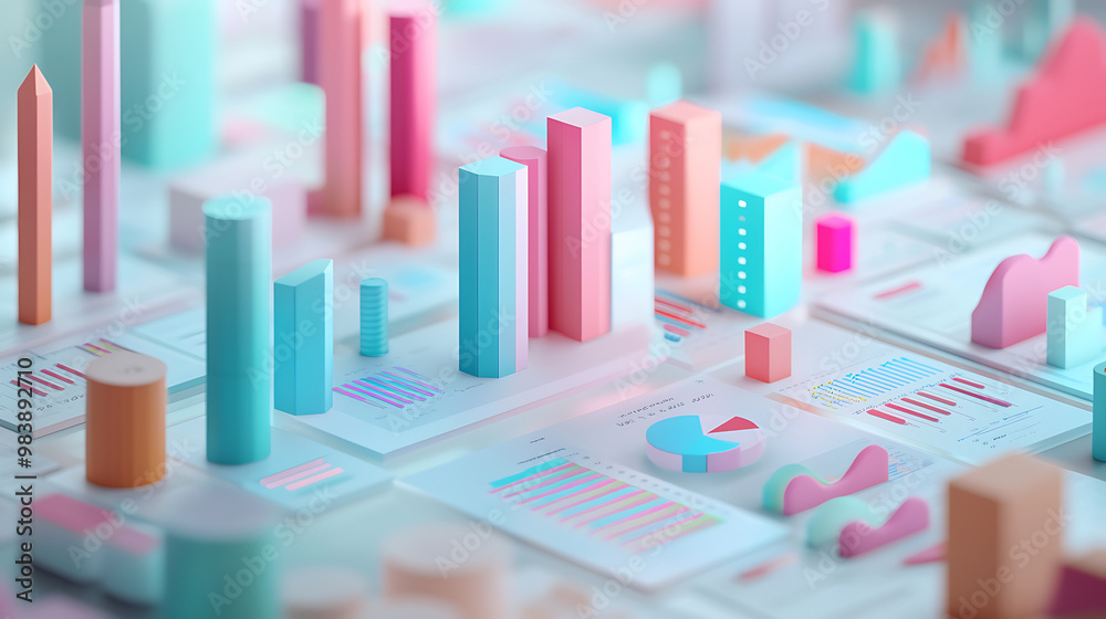 A vibrant 3D financial dashboard featuring colorful graphs, charts, and data visualizations ...