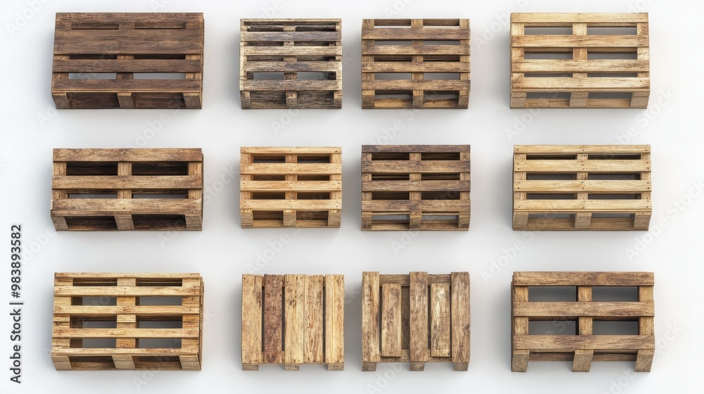 Design an image featuring a set of ten wooden pallets. Each pallet has ...
