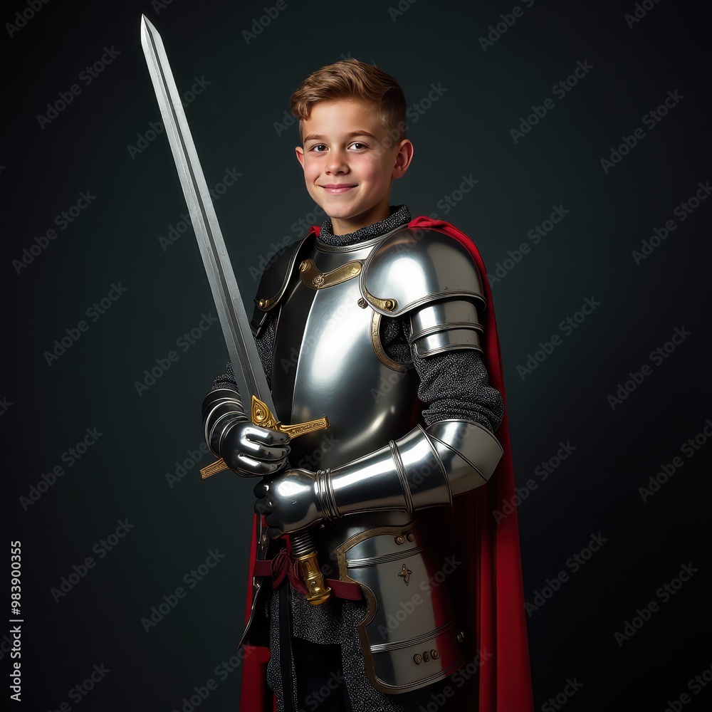 Noble portrait of a teen boy in full knight armor costume holding a ...