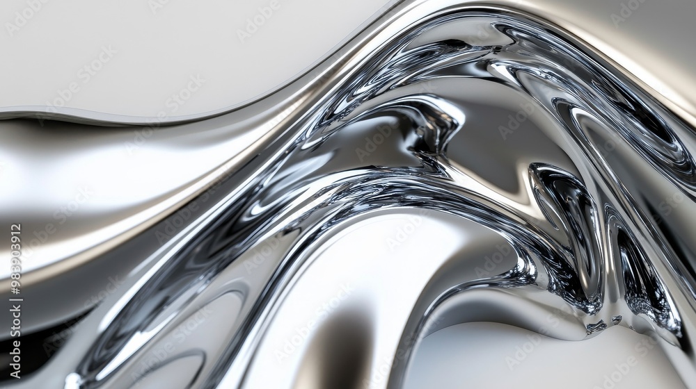 Shiny, chrome-colored, 3D shapes that look like they're made of liquid ...