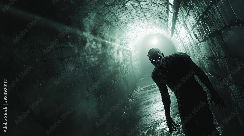 A zombie emerging from the shadows of an underground tunnel, lit by a ...