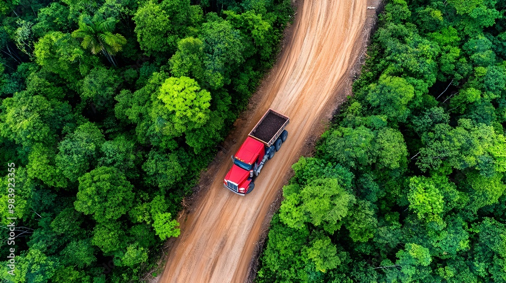 Logging truck navigating through a dense rainforest, showcasing the ...