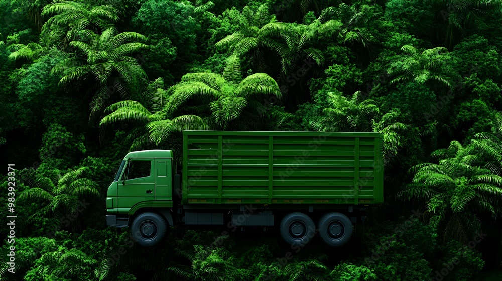 Logging truck navigating through a dense rainforest, trees felled in ...