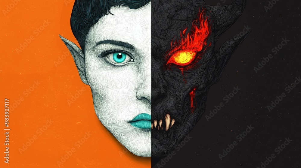 A surreal portrait of a woman's face with a devil's face. The image is ...