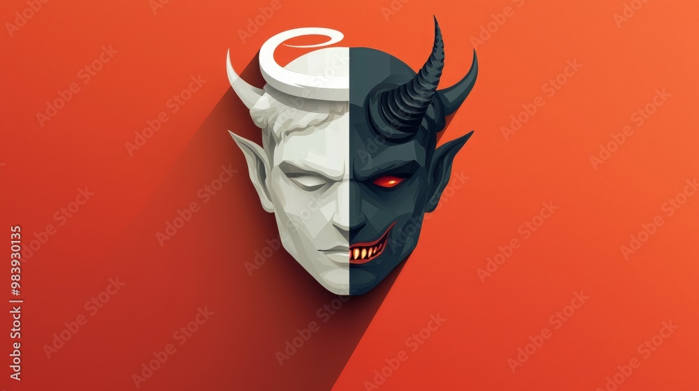 A graphic design of an angel and devil face split in half. The angel's ...