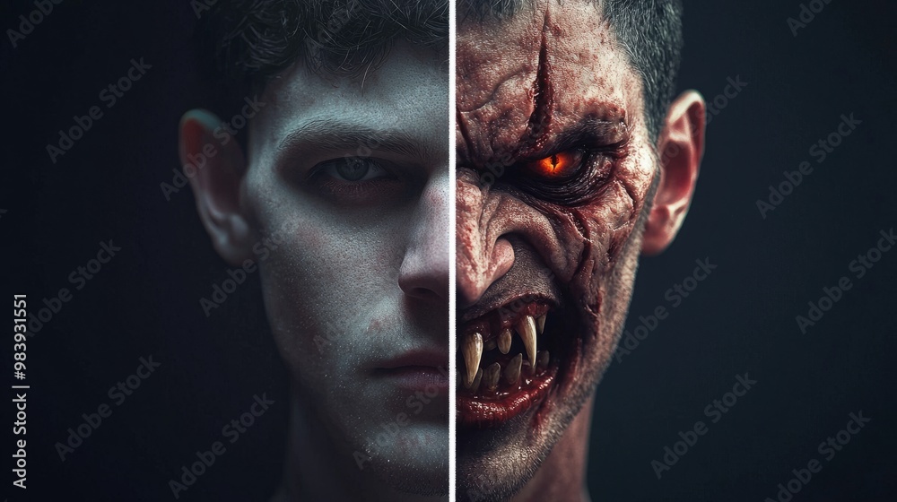 A man's face is split in two, revealing a horrifying demonic visage on ...