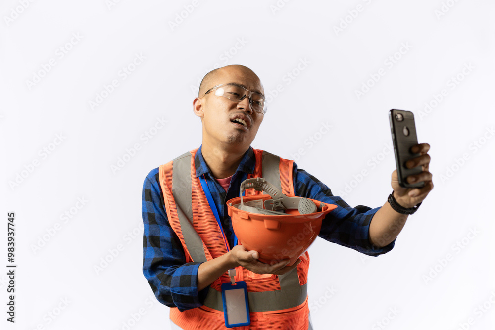 Asian male construction worker with bald hair doing gestru begging ...
