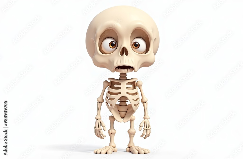 Surprised cartoon skeleton with big eyes, white background. An ...