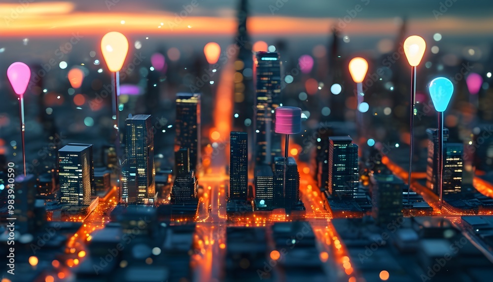 Futuristic smart city model illuminated at twilight, highlighting ...