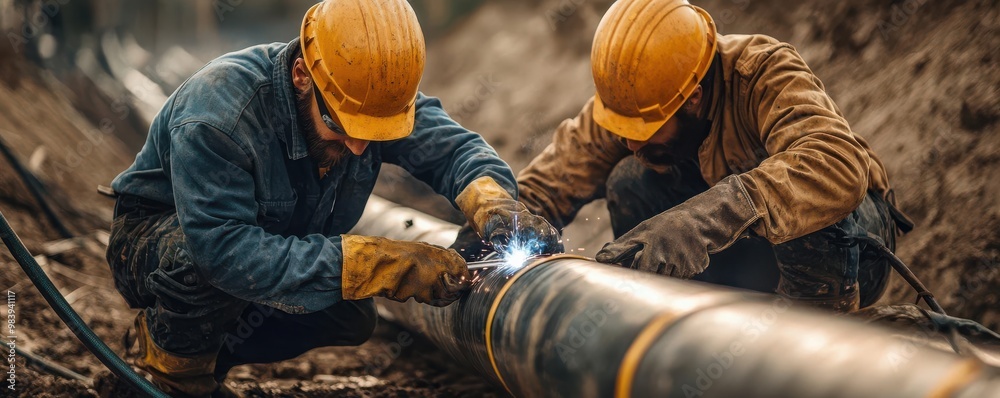 Engineers welding sections of hydrogen pipelines, ensuring secure and ...
