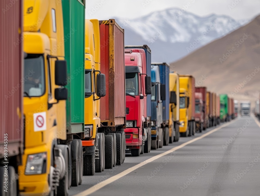 Trucks stopped at a border with large No Entry signs, border closure ...