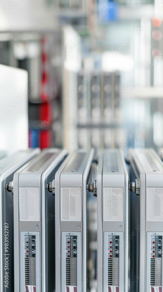 A stack of computer servers with a white label on the top of the stack ...