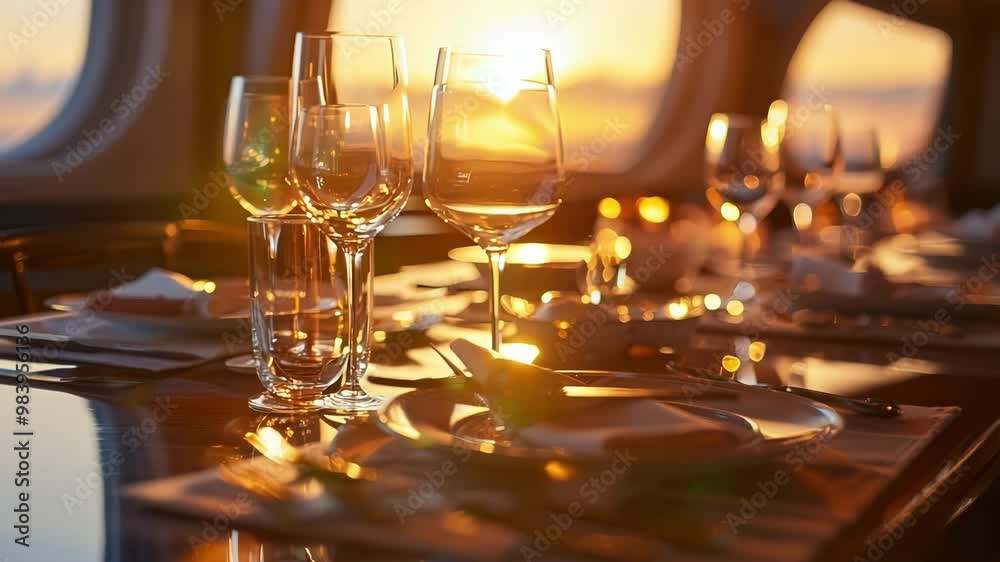 Luxurious interior of a private jet with a fully set dining table ready ...