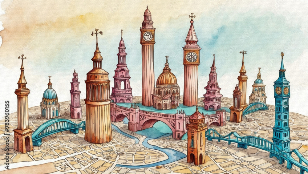 2D Map with 3D Landmark: A hand-drawn, illustrated 2D map of a city ...
