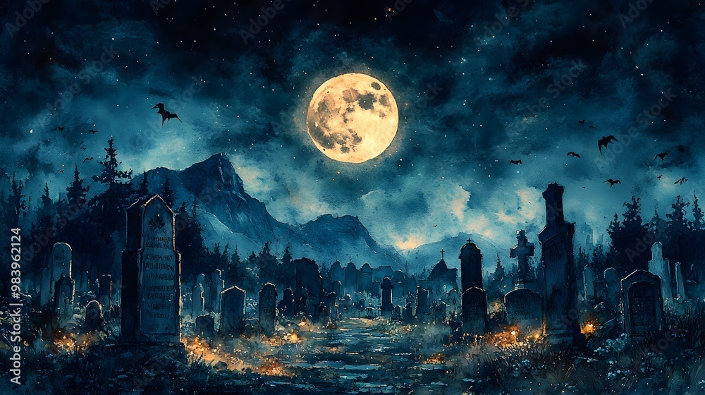 Watercolor cemetery at night under a full moon, with gravestones and ...