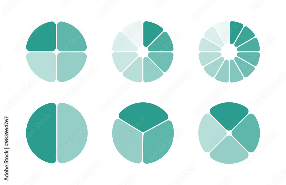 Circle division infographic icon set. Pie chart divided 2, 3, 4, 8, 12 ...