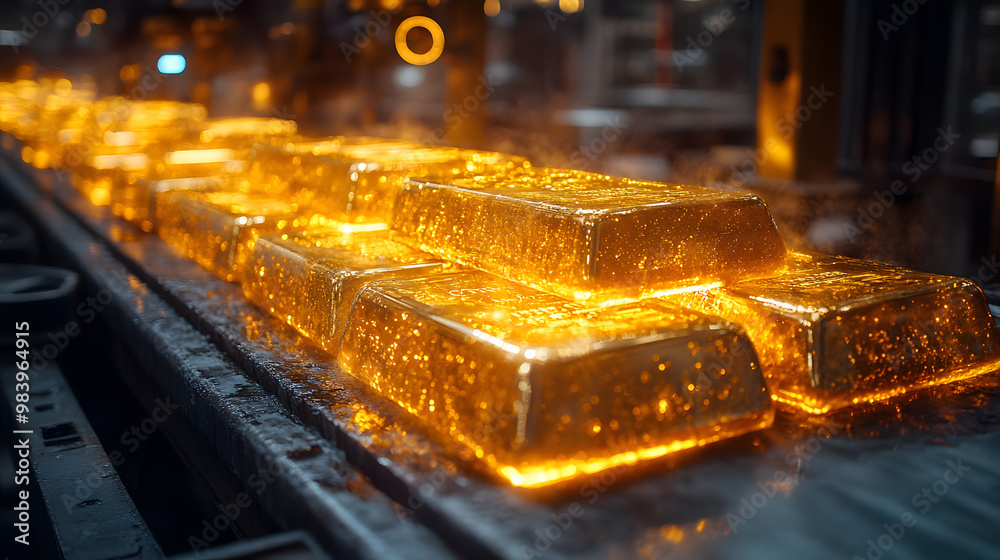 Shiny gold bars in a modern production facility, showcasing the luxury ...