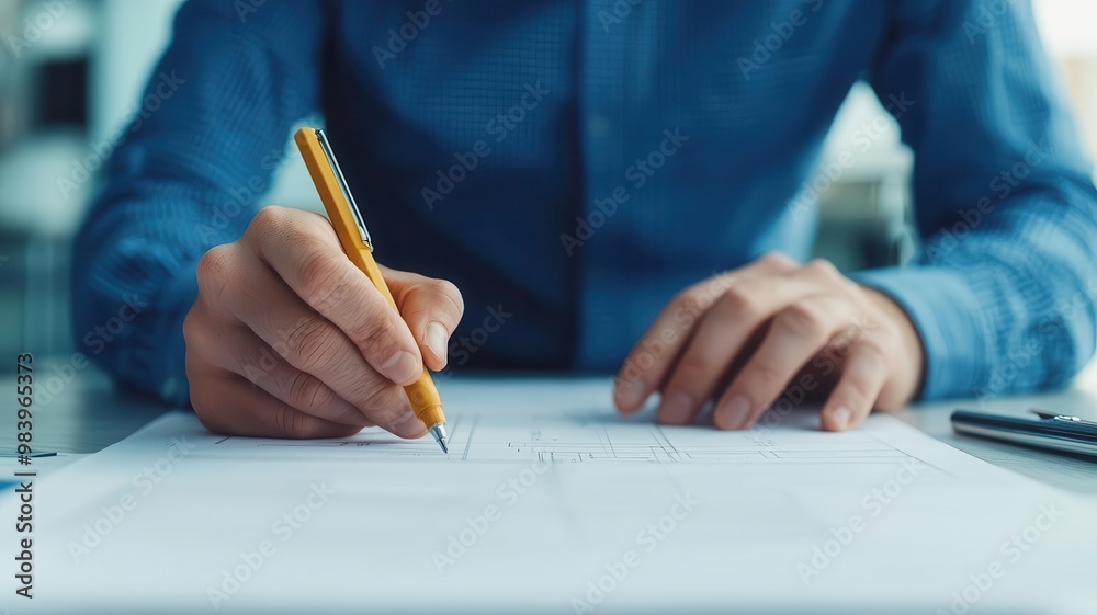 A civil engineer drafting structural blueprints for a skyscraper using ...
