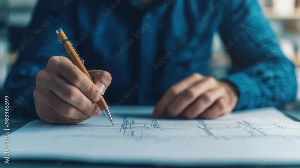A civil engineer drafting structural blueprints for a skyscraper using ...