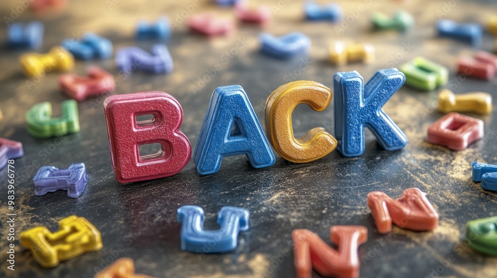 Colorful magnetic letters arranged on a blackboard spell the word back ...