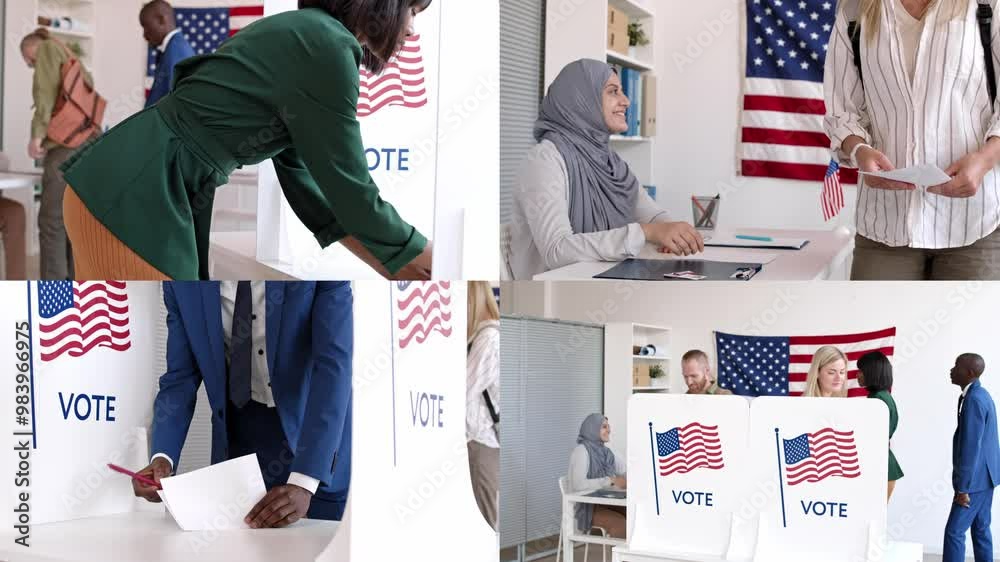Split screen of multiethnic people coming to voting booth with bulletin ...