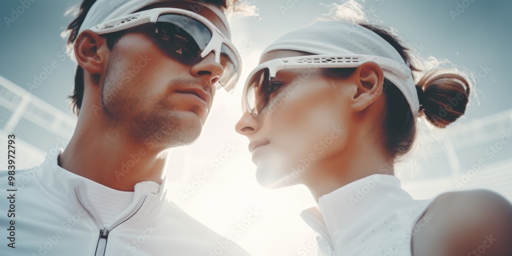 Two athletes embracing in a celebratory moment after winning a race ...