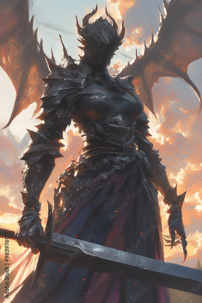 towering demon lord in full spiked armor and black wings, holding a ...