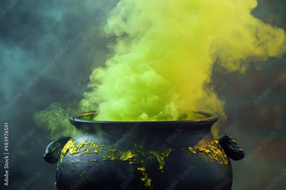 Spooky Witch's Cauldron with Bubbling Green Smoke in a Dimly Lit ...