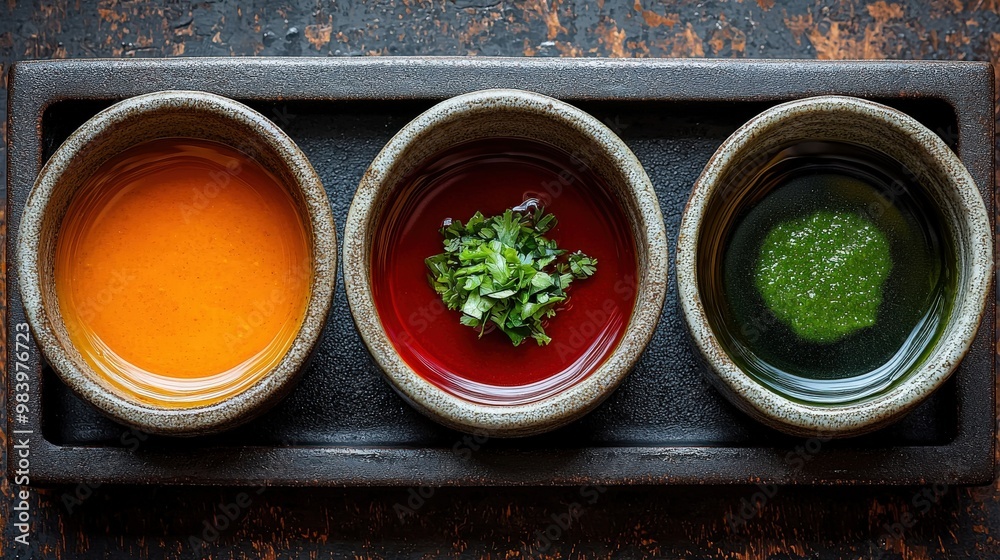 A top-down perspective of a culinary arrangement featuring three sauces ...