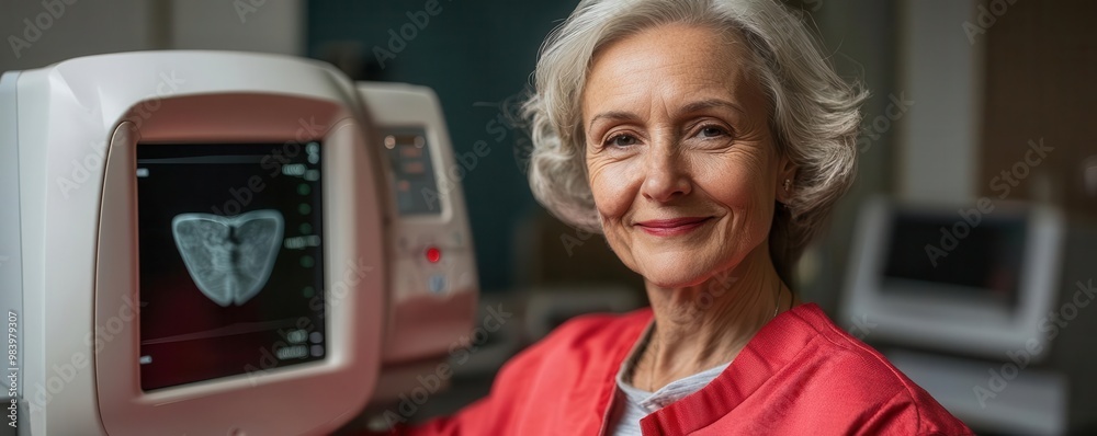 Senior patient undergoing a bone density scan during a health checkup ...