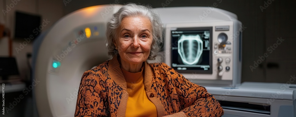 Senior patient undergoing a bone density scan during a health checkup ...