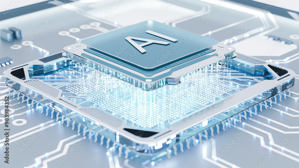 CPU connection with motherboard. AI accelerated microchip connecting ...