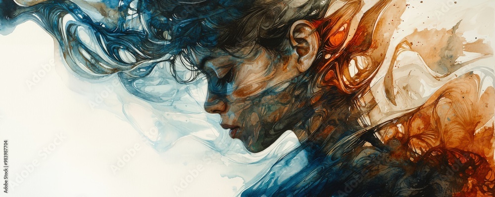 An evocative abstract artwork showing a distorted figure encased in ...