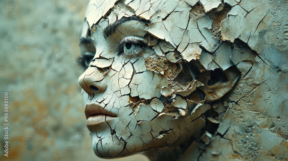 A powerful abstract portrayal of a woman face, eroding into a blend of ...