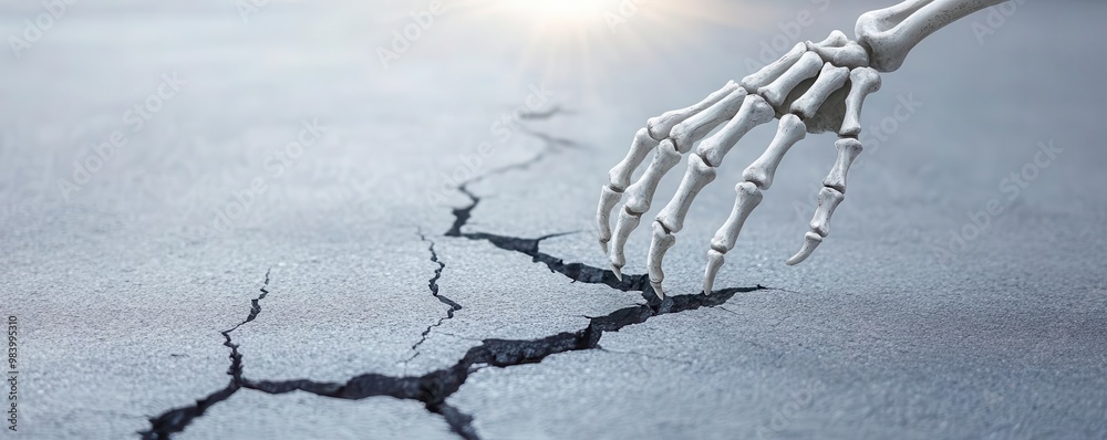 Thin, skeletal hand breaking through cracked pavement under the harsh ...