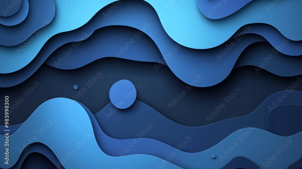 The artwork features a dynamic arrangement of layered blue forms with ...