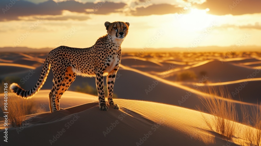 Cheetah standing poised on a sand dune under a bright sky with golden ...