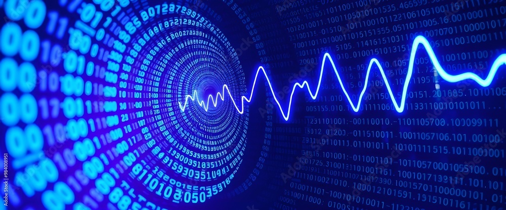 A spiral of binary code extends from the center of the image, overlaid ...