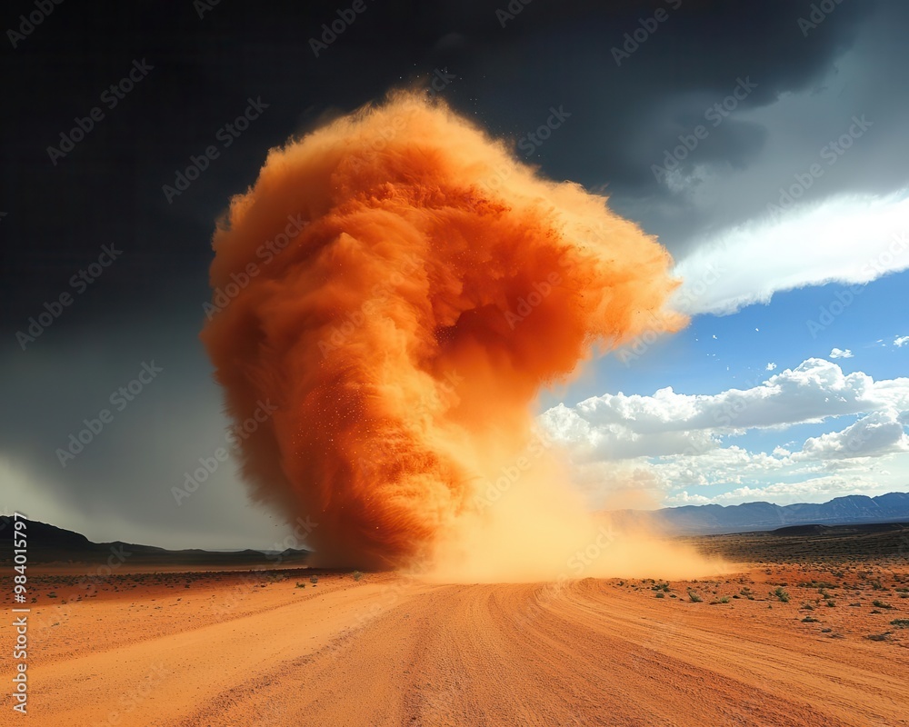 Violent dust storm sweeping across a barren landscape, with turbulent ...