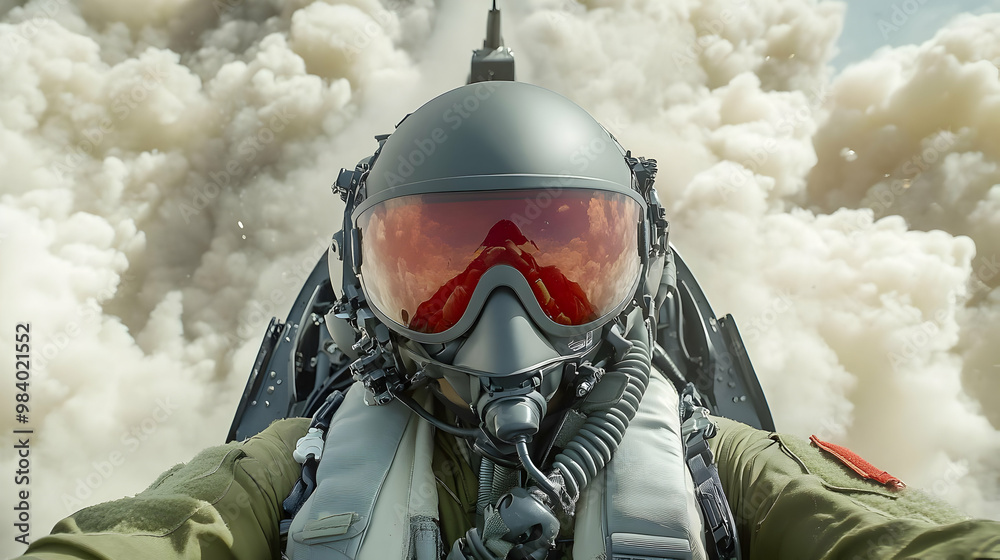 A Fighter Jet Pilot Wearing a Helmet with a Red Visor Sits in the ...
