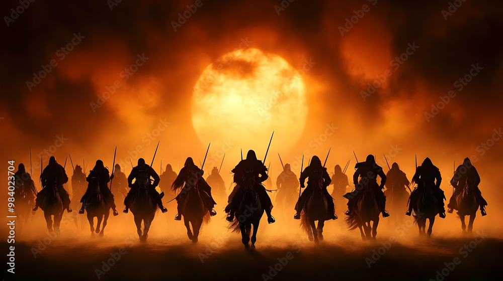 Silhouetted Warriors on Horseback Ride Towards a Giant Red Sun in a ...