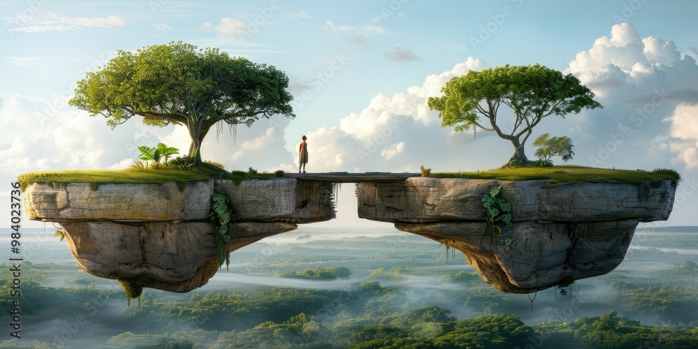 A lone explorer in a spacesuit on thin bridges between giant floating ...