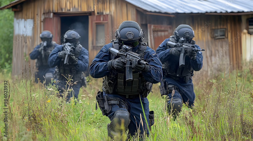 A Realistic Photograph of Three SWAT Team Members in Full Gear ...