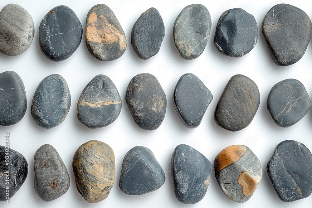 Generate an image showing multiple individual gray stones of various ...
