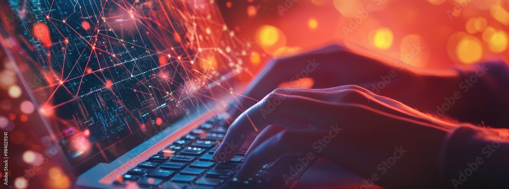 Computer scientist analyzing algorithms in data facility background server racks digital ...