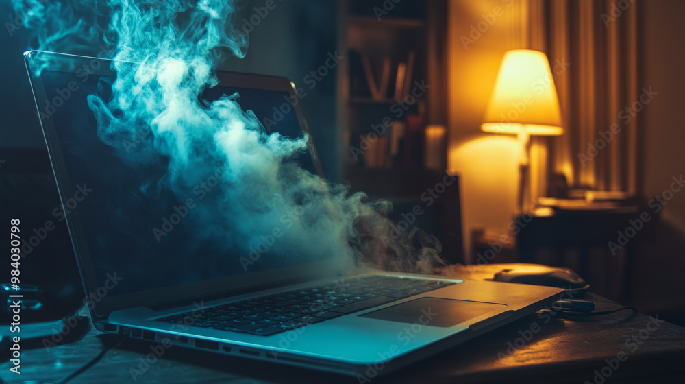 A laptop emits smoke due to overheating, indicating a serious ...