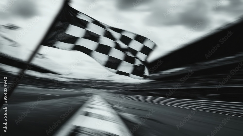 Waving checkered flag signaling the end of a race against a blurred racetrack backdrop Black and ...